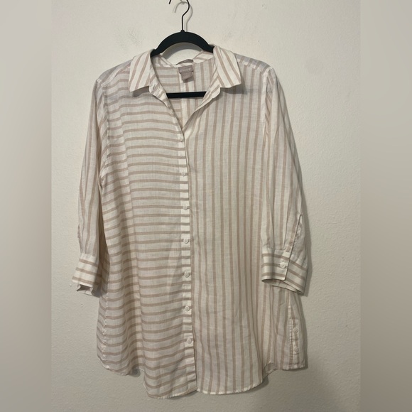 Chico's | Tops | Chicosno Iron Linen Longline Striped Button Down ...